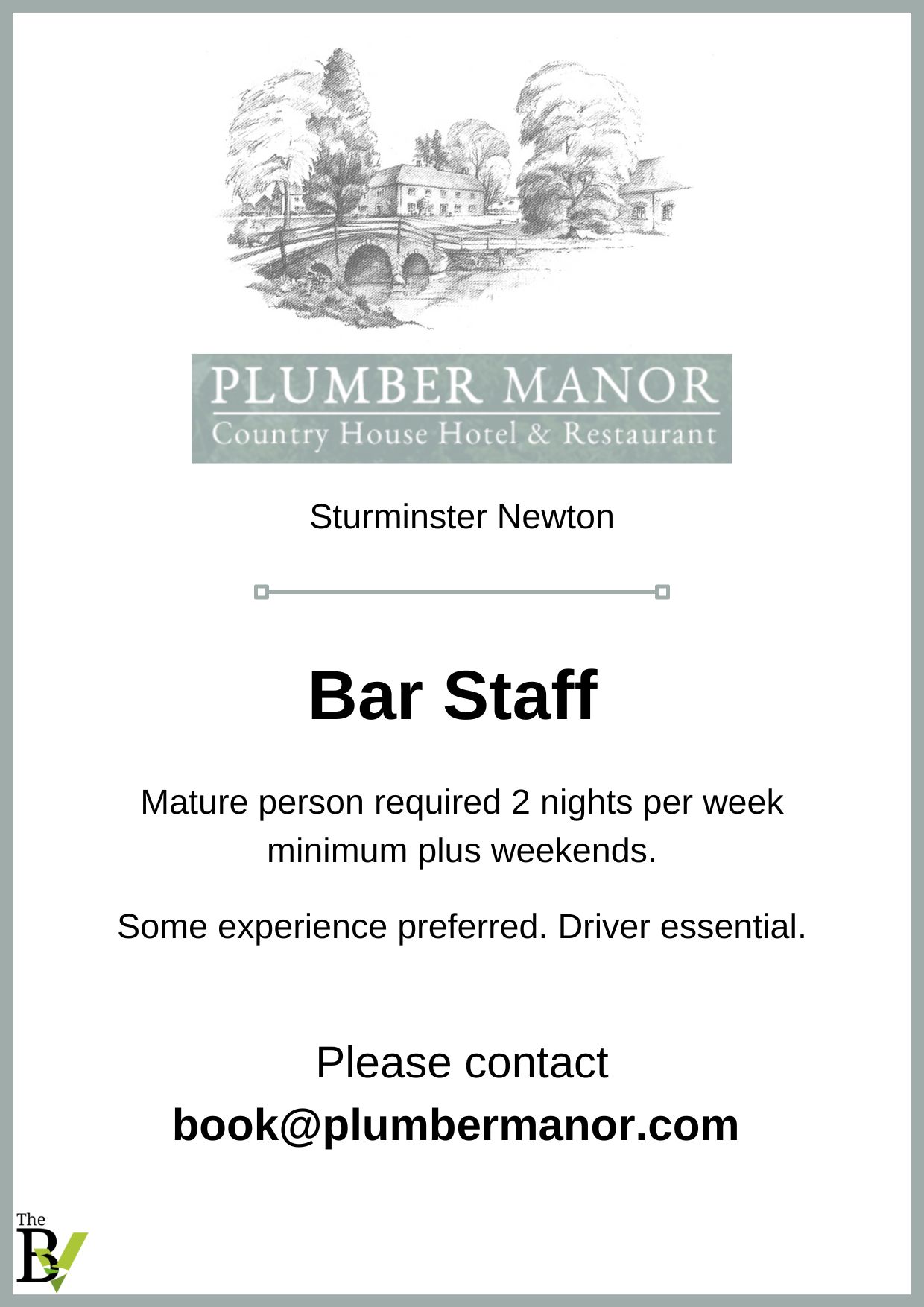 Bar staff required - Plumber Manor Hotel Sturminster Newton - The BV